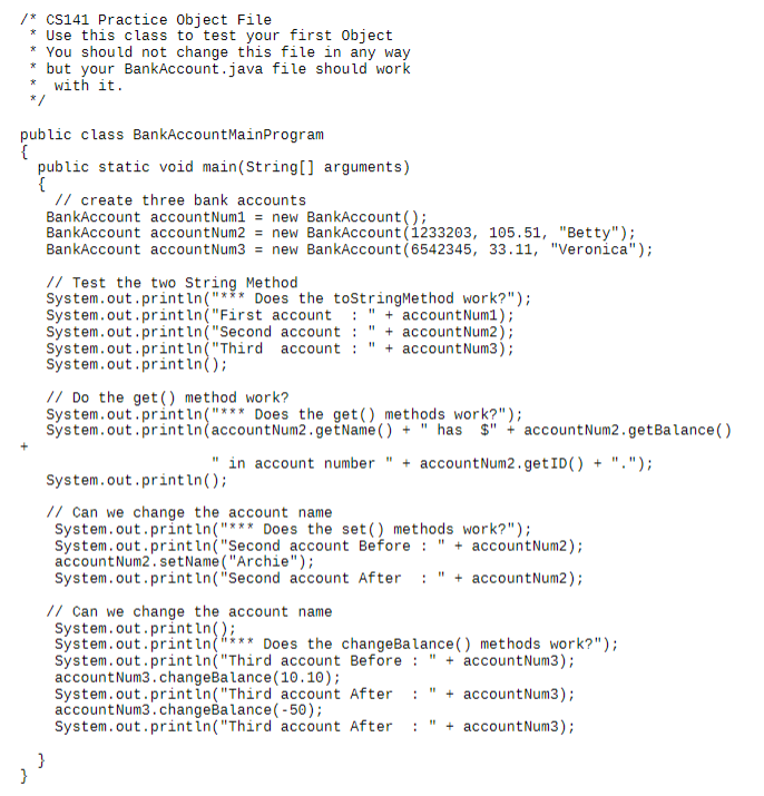 Solved /* CS141 Practice object File * Use this class to | Chegg.com