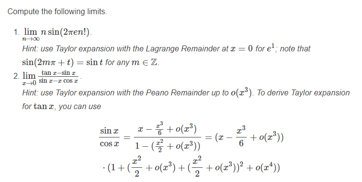 Solved Compute the following limits. 1. lim n sin(2tren!). | Chegg.com