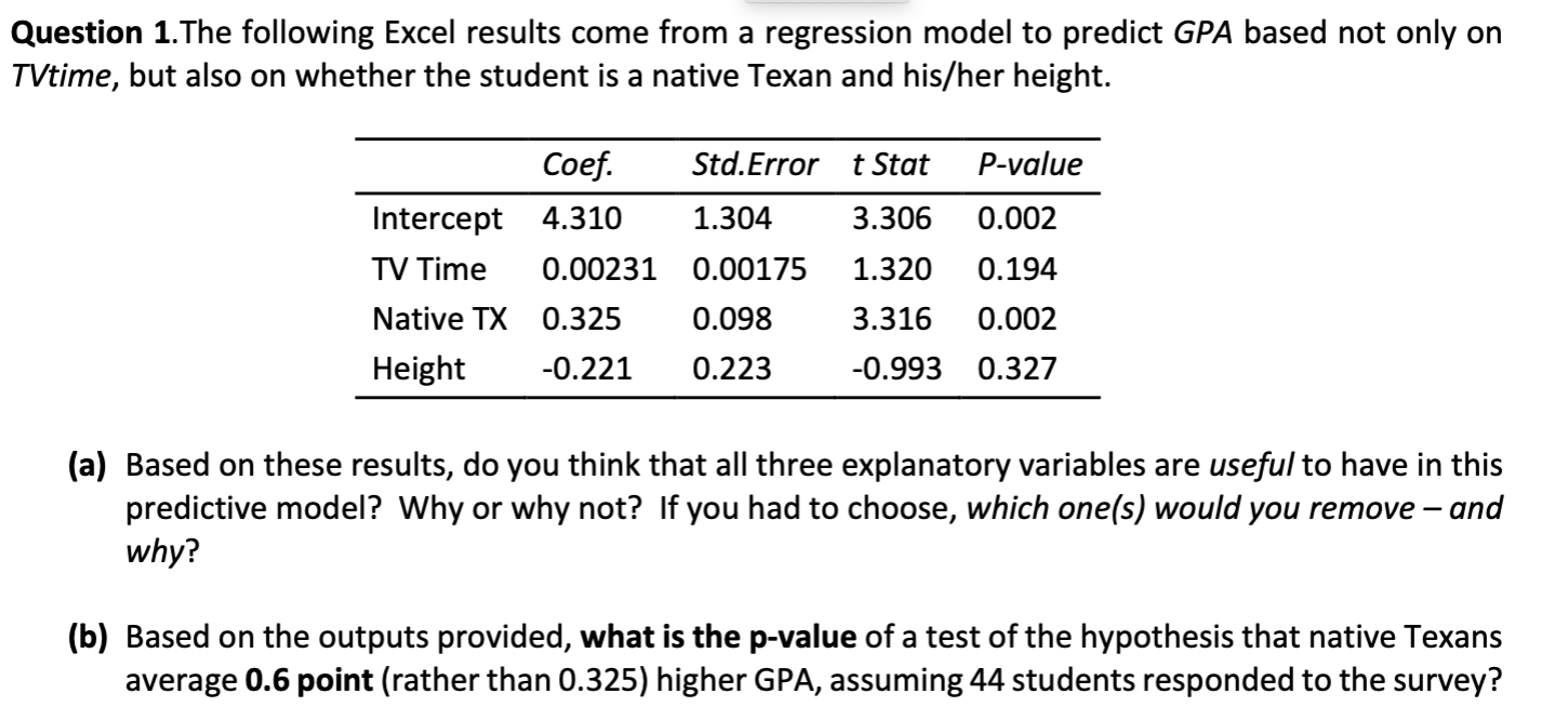 Solved Question 1.The following Excel results come from a | Chegg.com