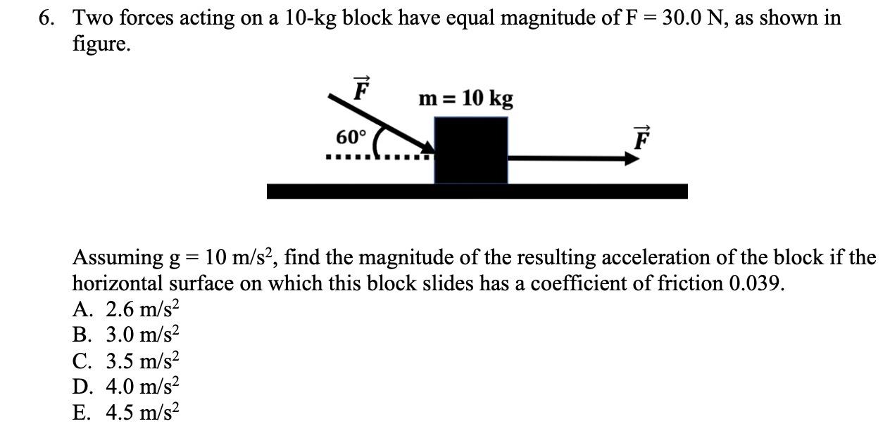 Solved 6. Two forces acting on a 10−kg block have equal | Chegg.com