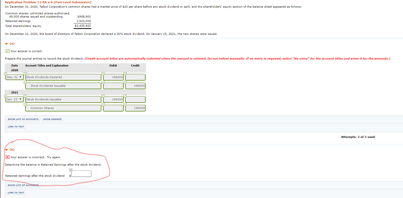 Solved Application Problem 11-8A a-b (Part Level Submission) | Chegg.com