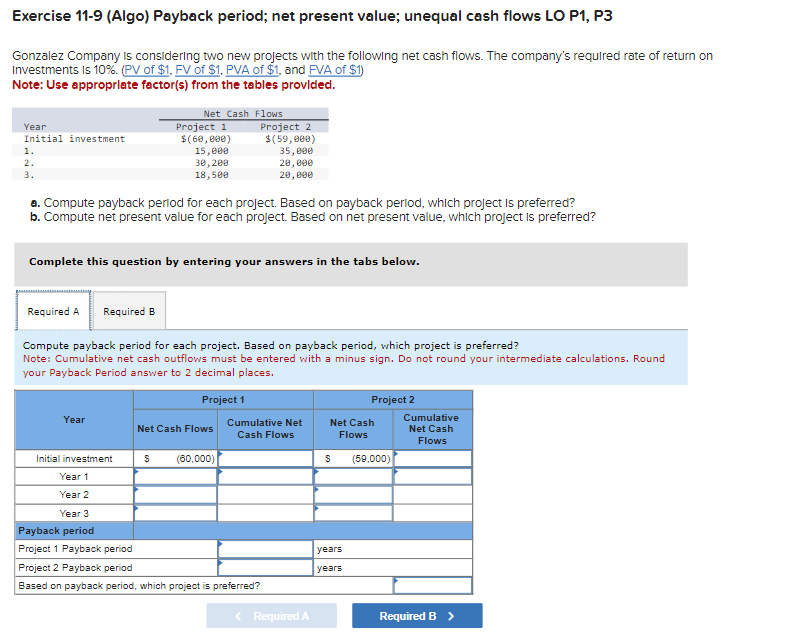Solved Exercise 11-9 (Algo) Payback period; net present | Chegg.com