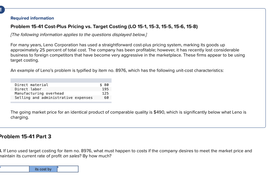 Solved Problem 15-41 Cost-Plus Pricing vs. Target Costing | Chegg.com