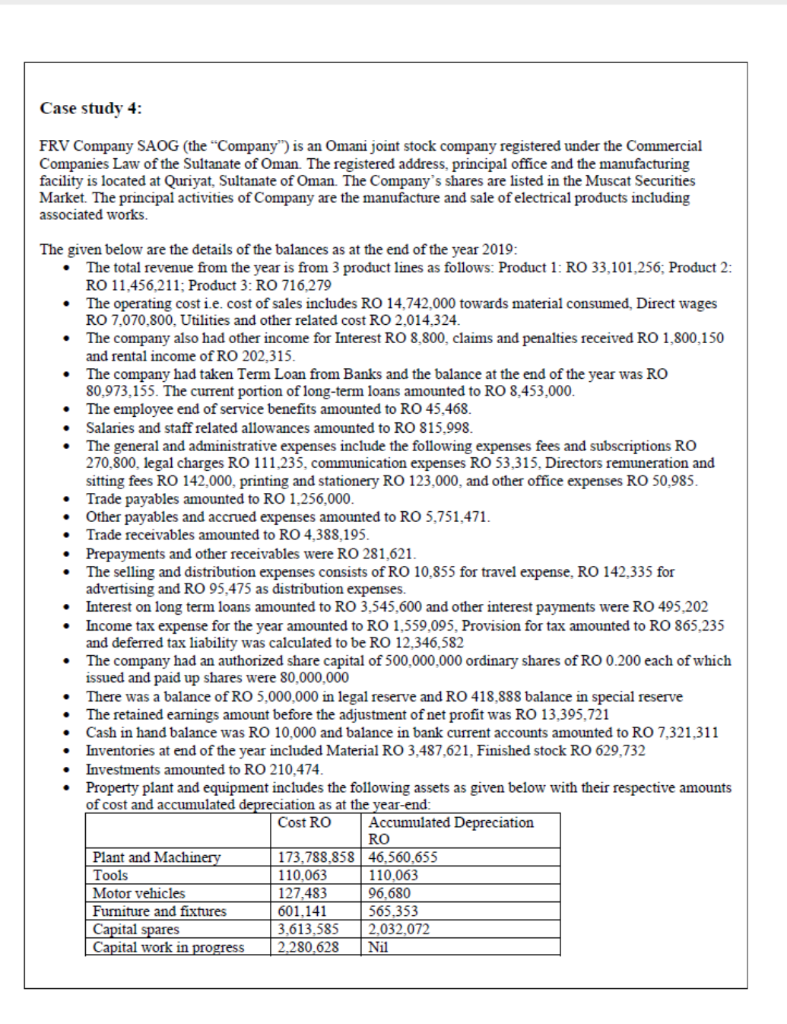 Case study 4: FRV Company SAOG (the "Company") is an | Chegg.com