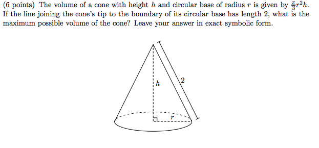 Solved (6 points) The volume of a cone with height h and | Chegg.com