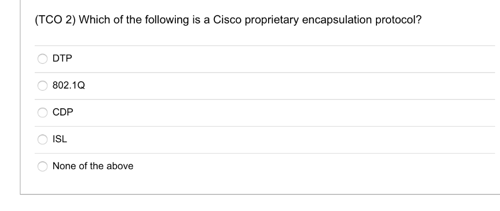 Solved (TCO 2) Which of the following is a Cisco proprietary | Chegg.com