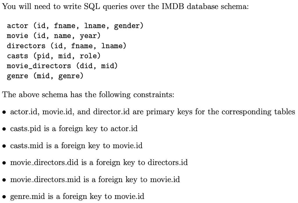 Solved You will need to write SQL queries over the IMDB | Chegg.com Solved You will need to write SQL queries over the IMDB | Chegg.com