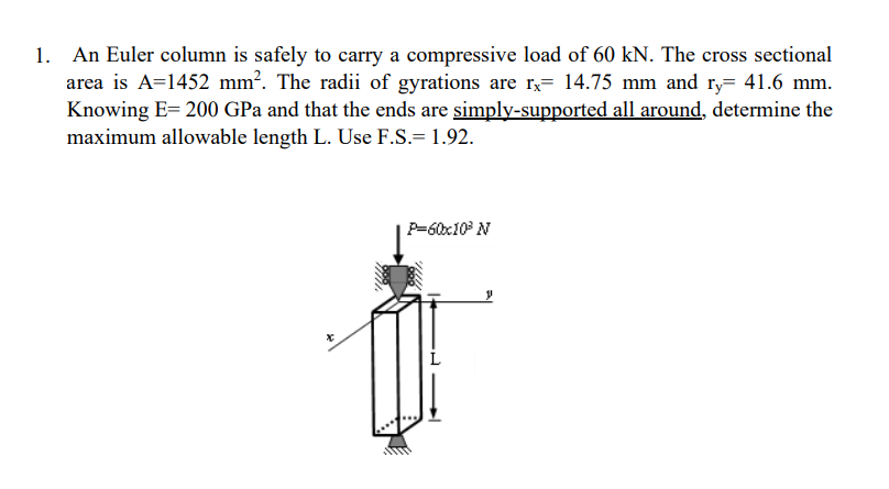 Solved 1. An Euler column is safely to carry a compressive | Chegg.com