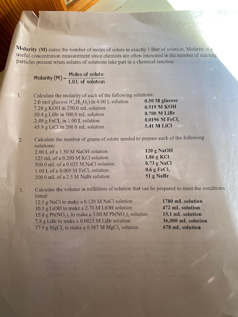 Solved Molarity (M) states the number of moles of solute in | Chegg.com
