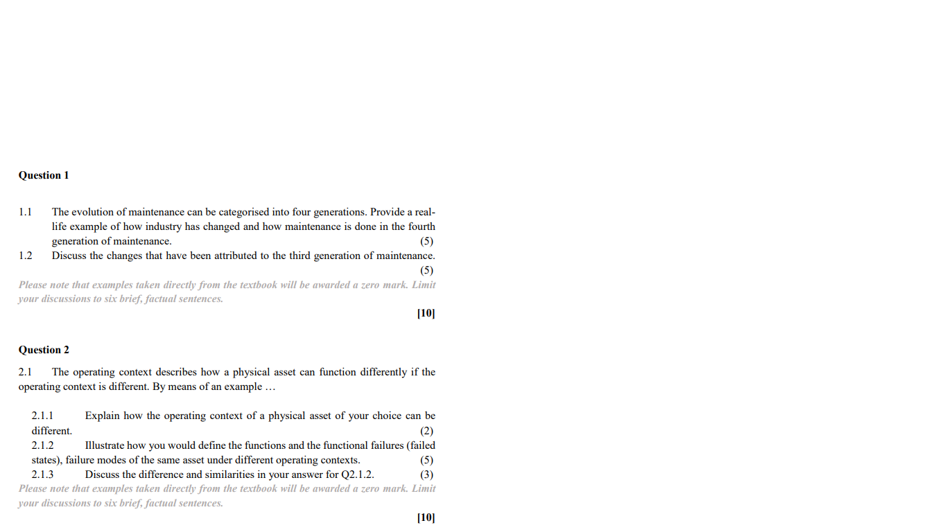 Solved Question 1 1.1 The evolution of maintenance can be | Chegg.com