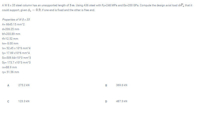 Solved A W 8 x 35 steel column has an unsopported length of | Chegg.com
