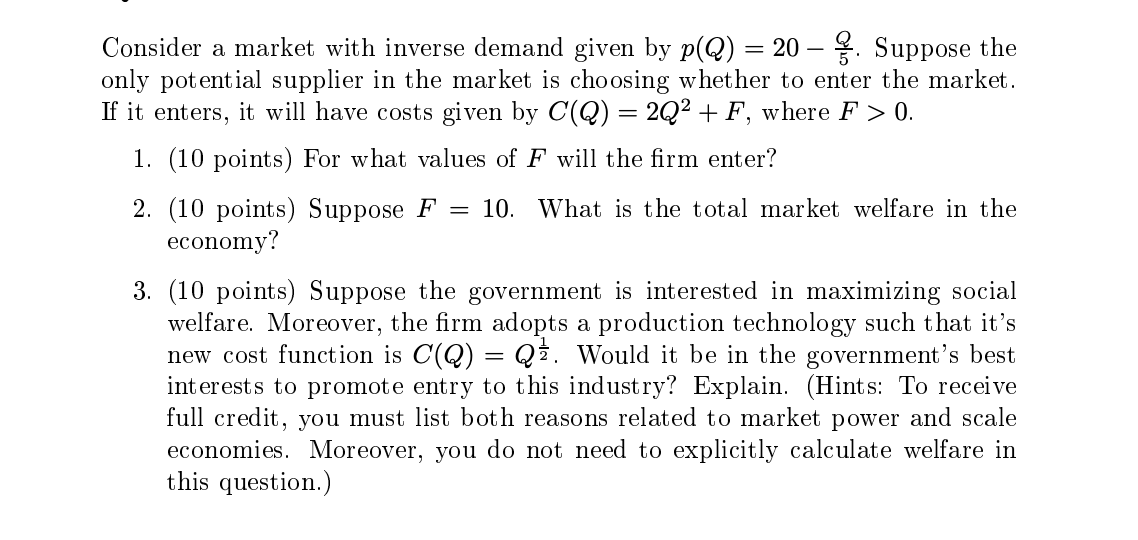 Solved Consider a market with inverse demand given by p(Q) | Chegg.com