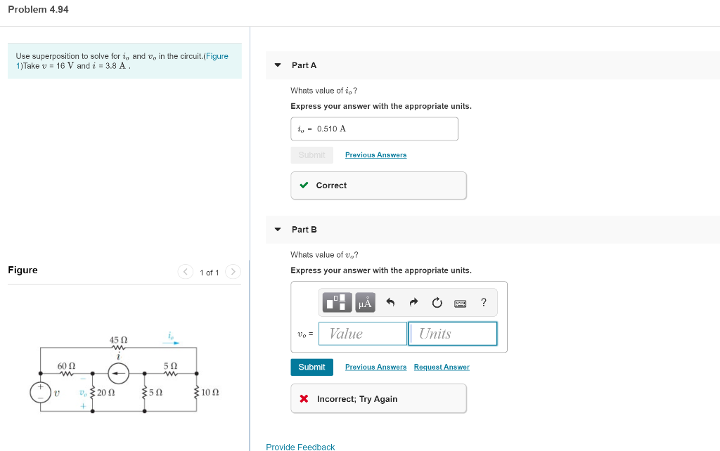 Solved Problem 4.94 Use superposition to solve for lo and v, | Chegg.com