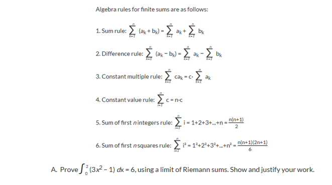 Solved Algebra Rules For Finite Sums Are As Follows Sum