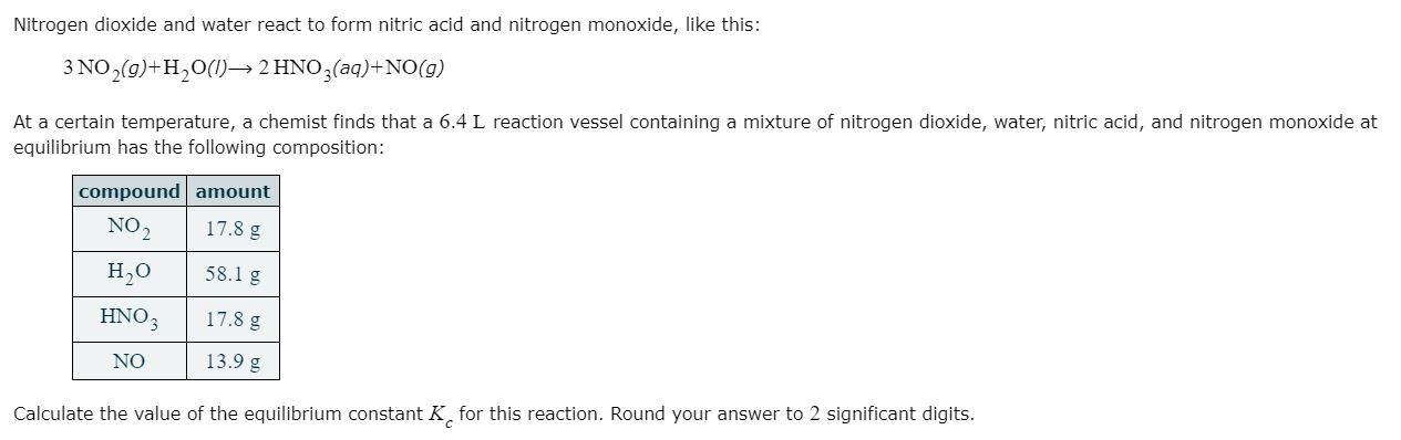 Solved Nitrogen dioxide and water react to form nitric acid | Chegg.com