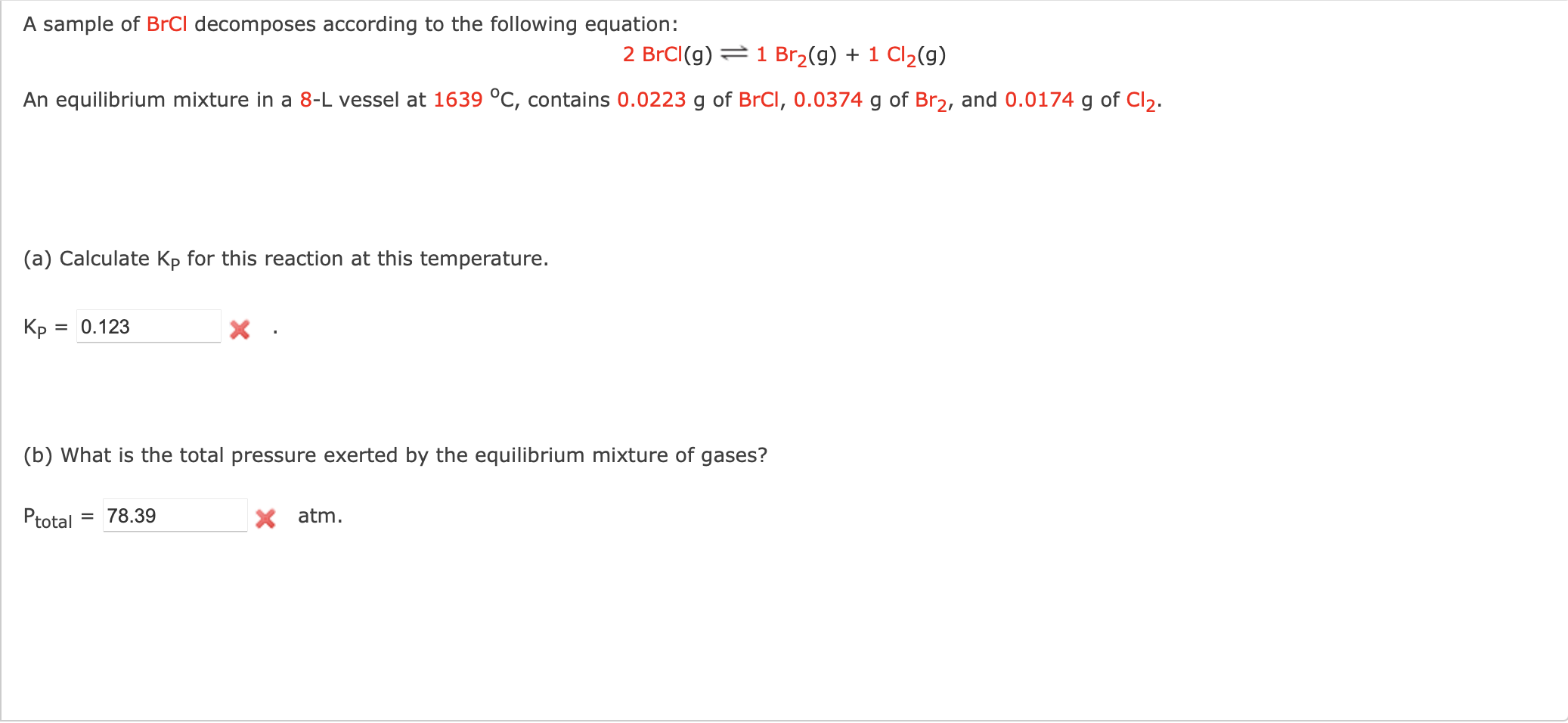 Solved A sample of BrCl decomposes according to the | Chegg.com
