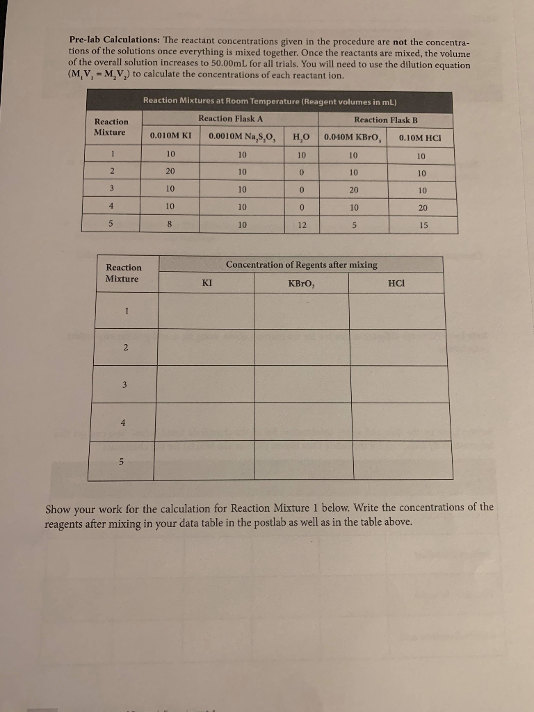 Solved Pre-lab Calculations: The reactant concentrations | Chegg.com