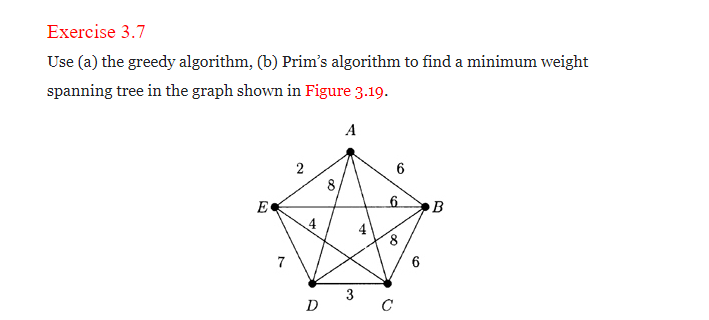 Solved Exercise 3.7 Use (a) the greedy algorithm, (b) Prim’s | Chegg.com