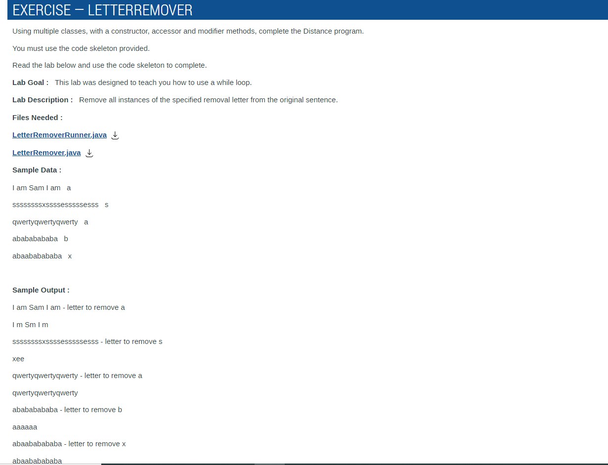 Solved EXERCISE – LETTERREMOVER Using multiple classes, with | Chegg.com