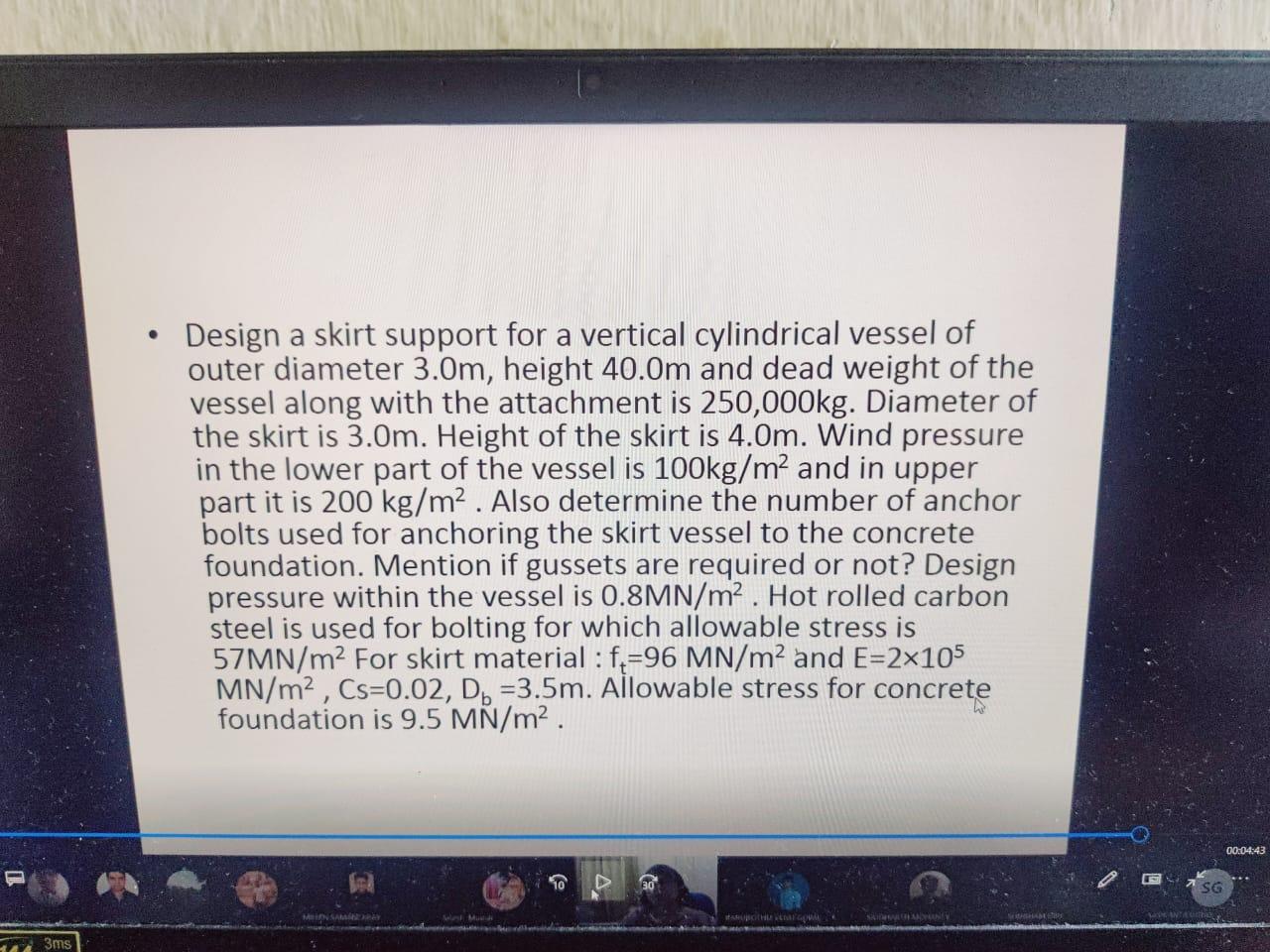 Design a skirt support for a vertical cylindrical | Chegg.com