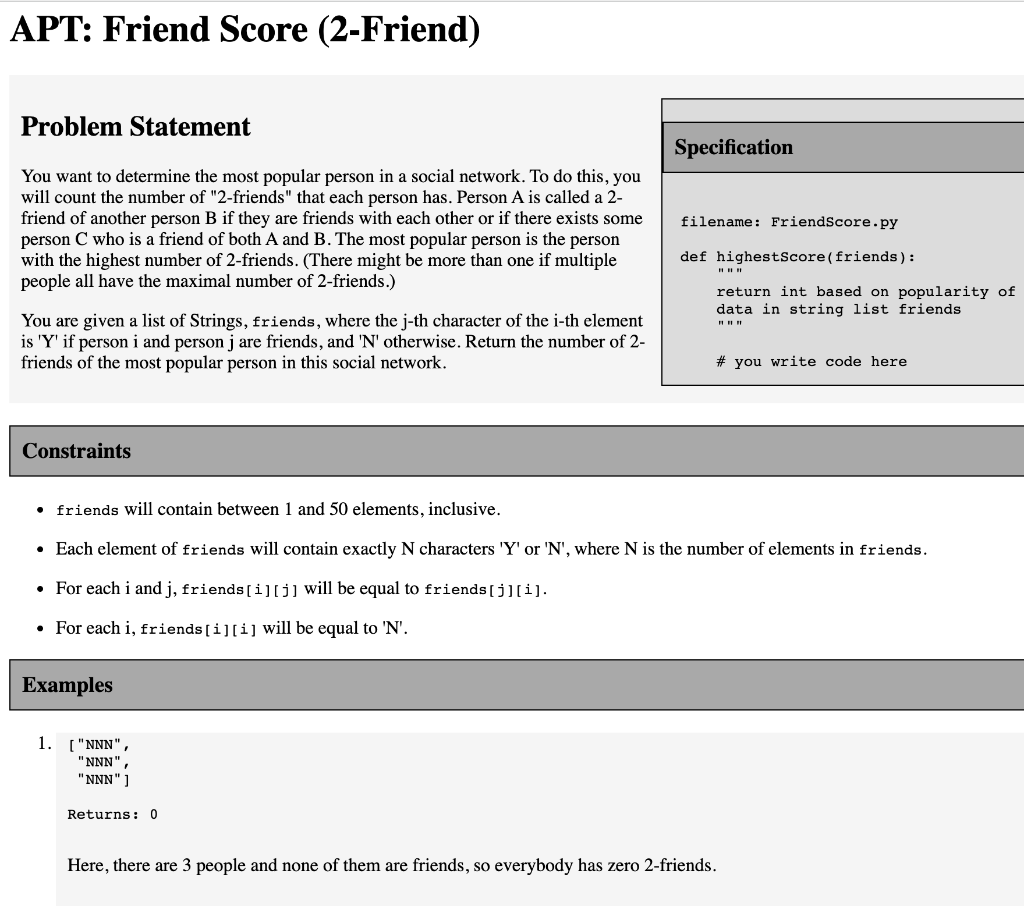 Solved APT: Friend Score (2-Friend) Problem Statement | Chegg.com