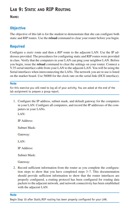 Solved LAB 9: STATIC AND RIP ROUTING NAME: Objective The | Chegg.com
