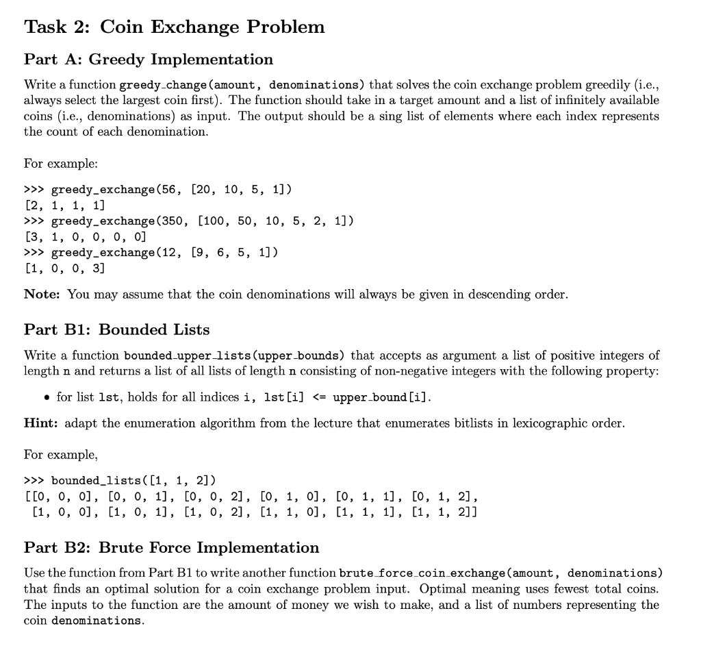 Solved Task 2: Coin Exchange Problem Part A: Greedy | Chegg.com