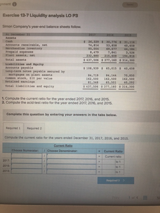 Solved nment Exercise 13-7 Liquidity analysis LO P3 Simon | Chegg.com
