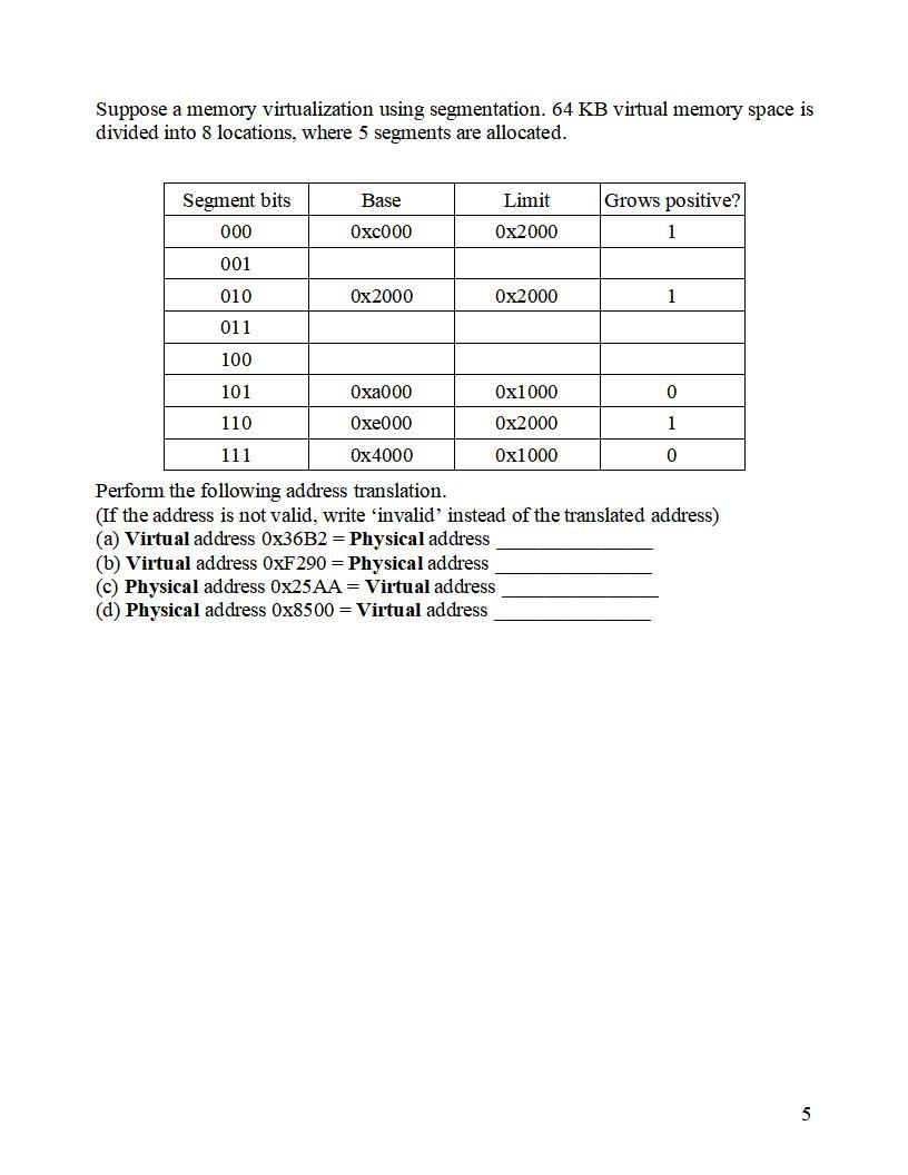 Solved Suppose a memory virtualization using segmentation. | Chegg.com