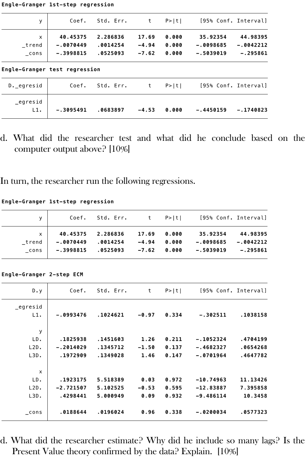 Engle-Granger 1st-step regression у Coef. Std. Err. t | Chegg.com