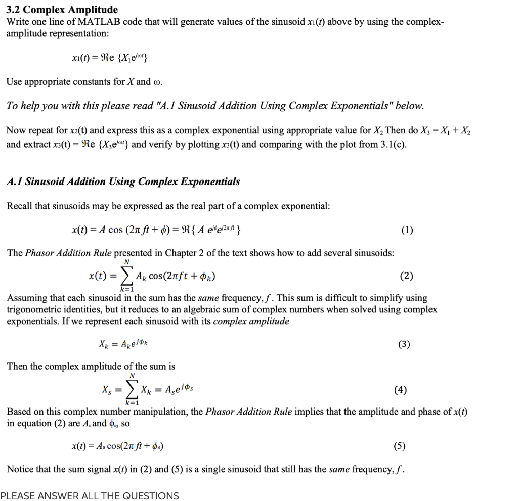 Solved 3.2 Complex Amplitude Write one line of MATLAB code | Chegg.com