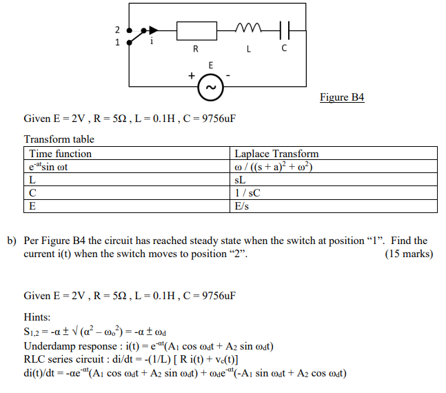 Solved Figure B4 Given E=2 V,R=5Ω,L=0.1H,C=9756uF Transform | Chegg.com