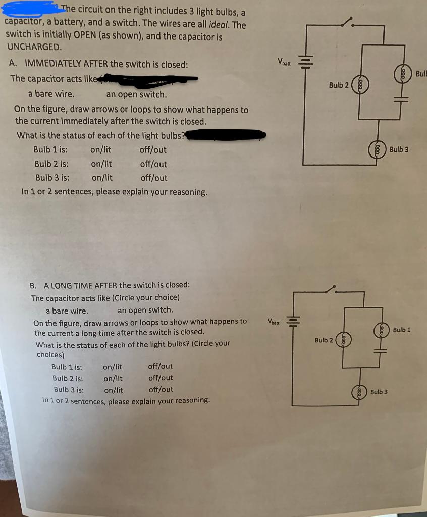 Solved V batt Hole Bull Bulb 2 The circuit on the right | Chegg.com