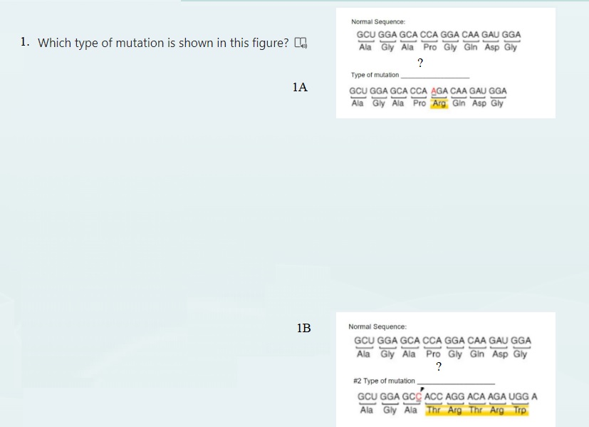 [Solved]: Normal Sequence: 1. Which type of mutation is sho