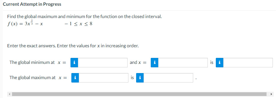 Solved Find the global maximum and minimum for the function | Chegg.com