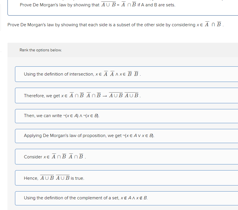 Solved Prove De Morgan's law by showing that A∪B=Aˉ∩Bˉ if A | Chegg.com Solved Prove De Morgan's law by showing that A∪B=Aˉ∩Bˉ if A | Chegg.com