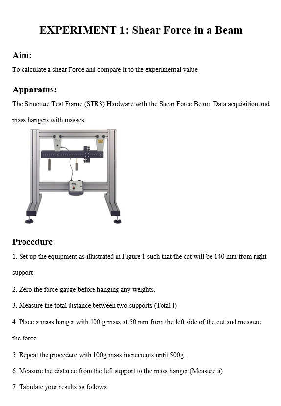 Solved EXPERIMENT 1: Shear Force in a Beam Aim: To calculate | Chegg.com