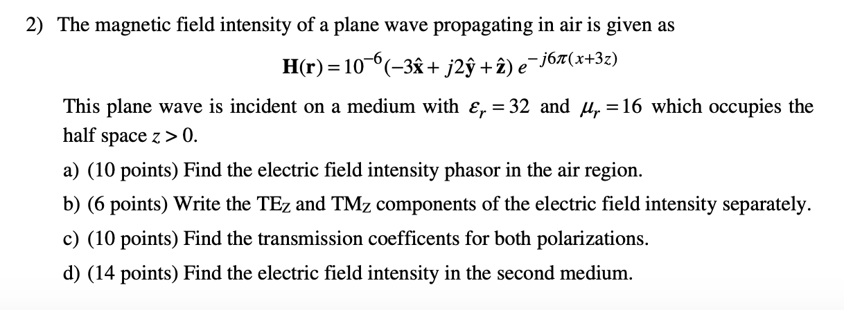 Solved 2) The magnetic field intensity of a plane wave | Chegg.com