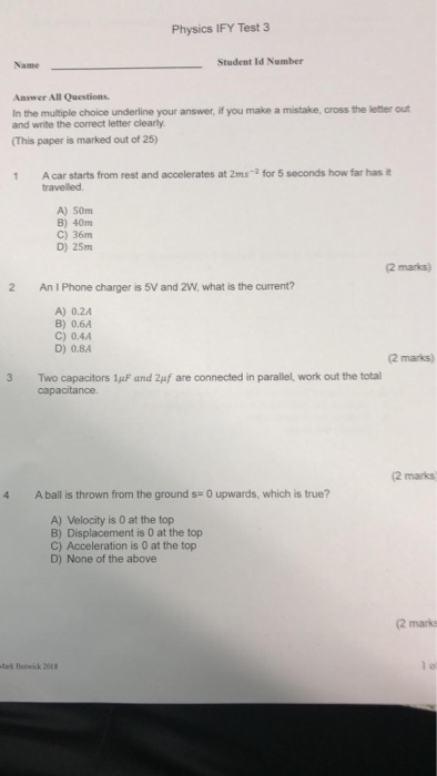 Solved Physics IFY Test 3 Name Student ld Number Answer All | Chegg.com