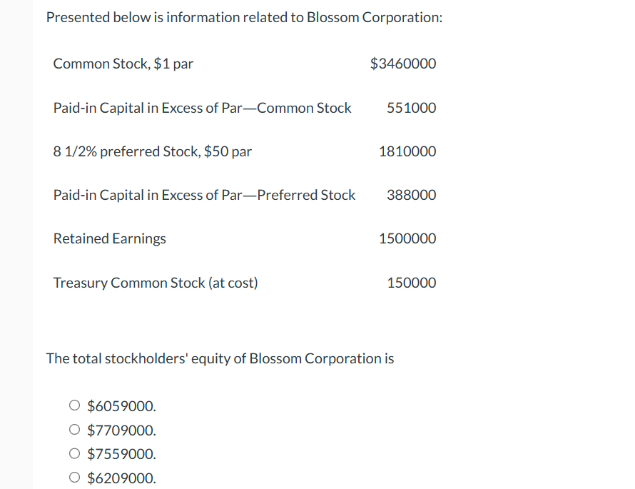 Solved Presented below is information related to Blossom | Chegg.com