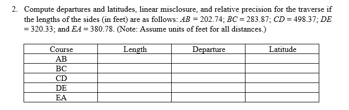Solved 2. Compute departures and latitudes, linear | Chegg.com