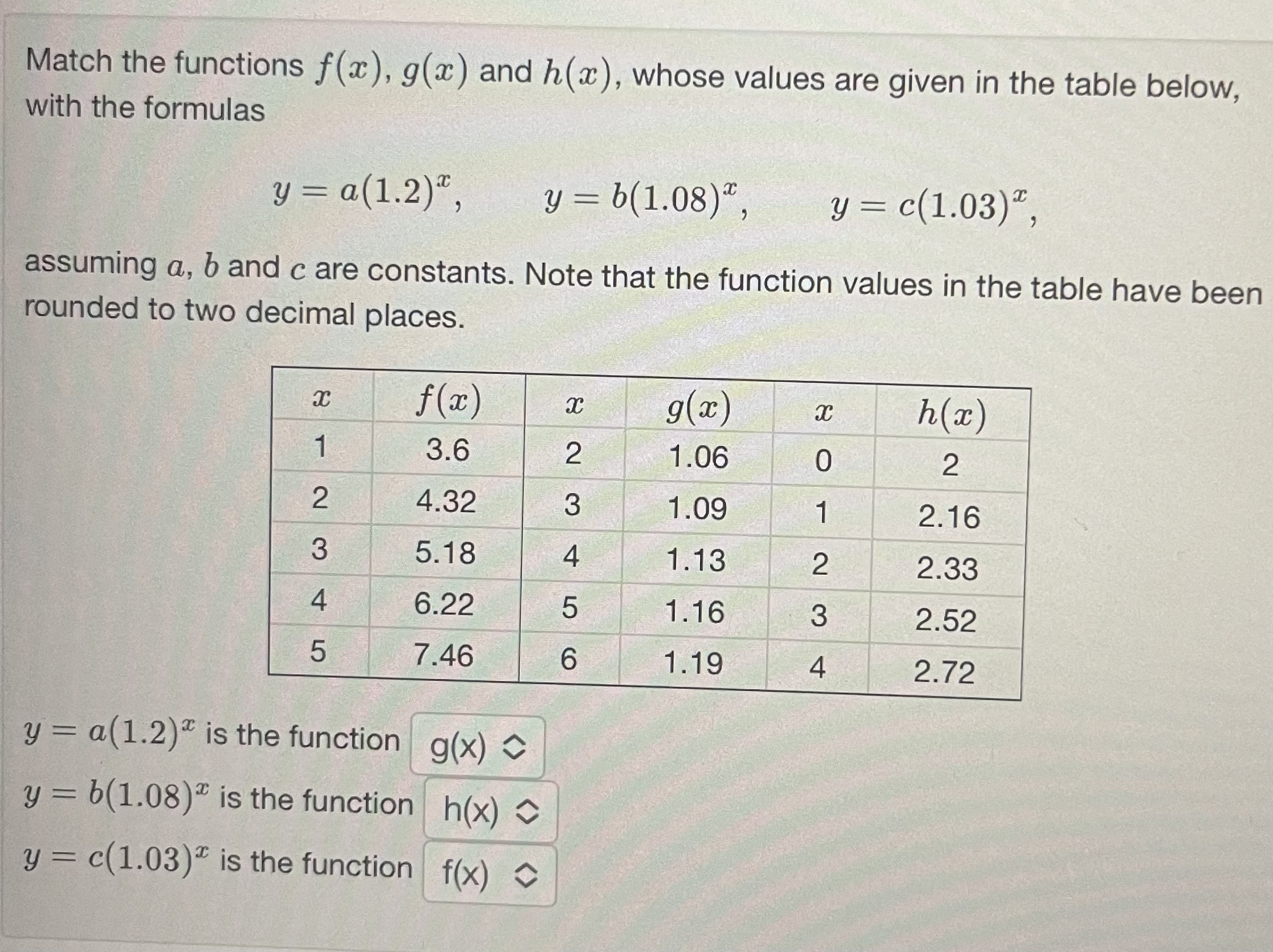 Solved Match The Functions F X G X And H X Whose Values