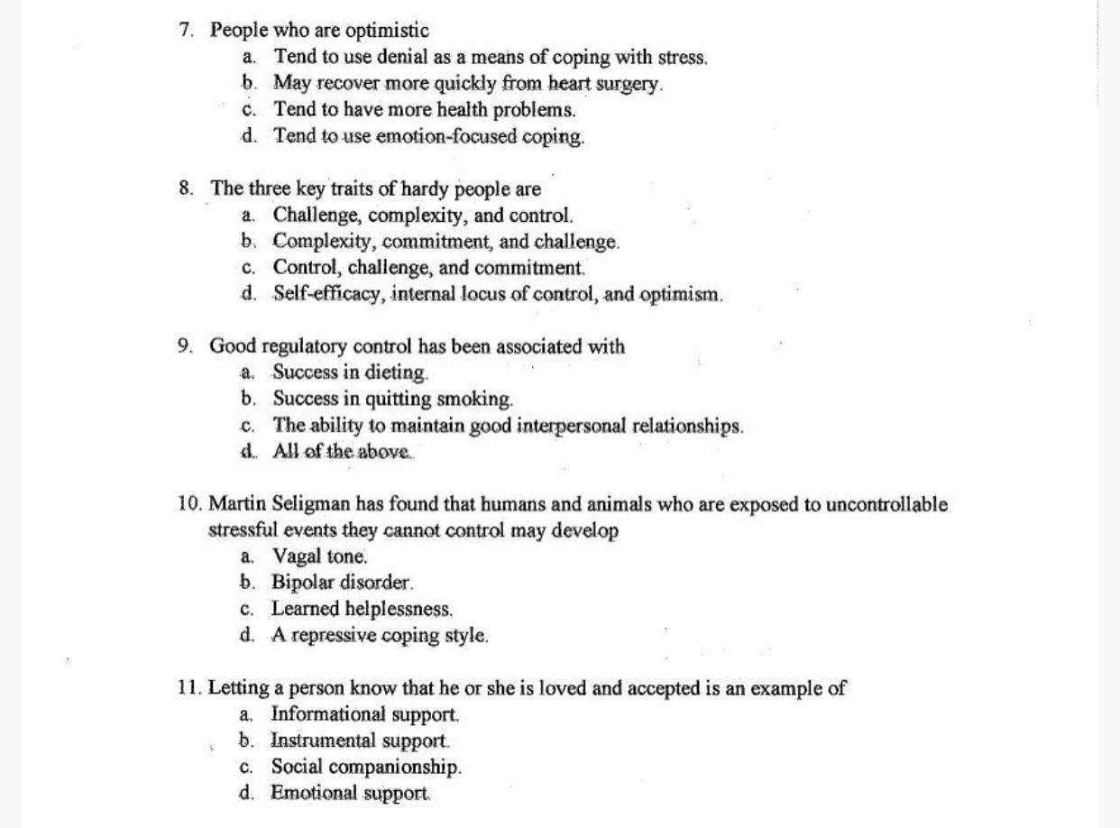Solved 7. People who are optimistic a. Tend to use denial as | Chegg.com