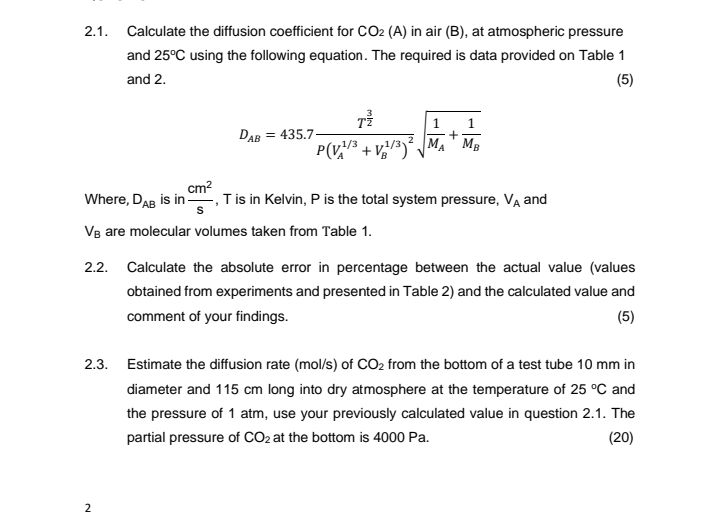 Solved 2.1. Calculate the diffusion coefficient for CO2( A) | Chegg.com