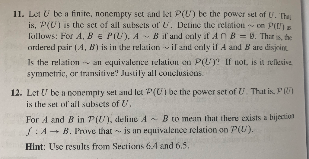 Solved 11. Let U be a finite, nonempty set and let P(U) be | Chegg.com