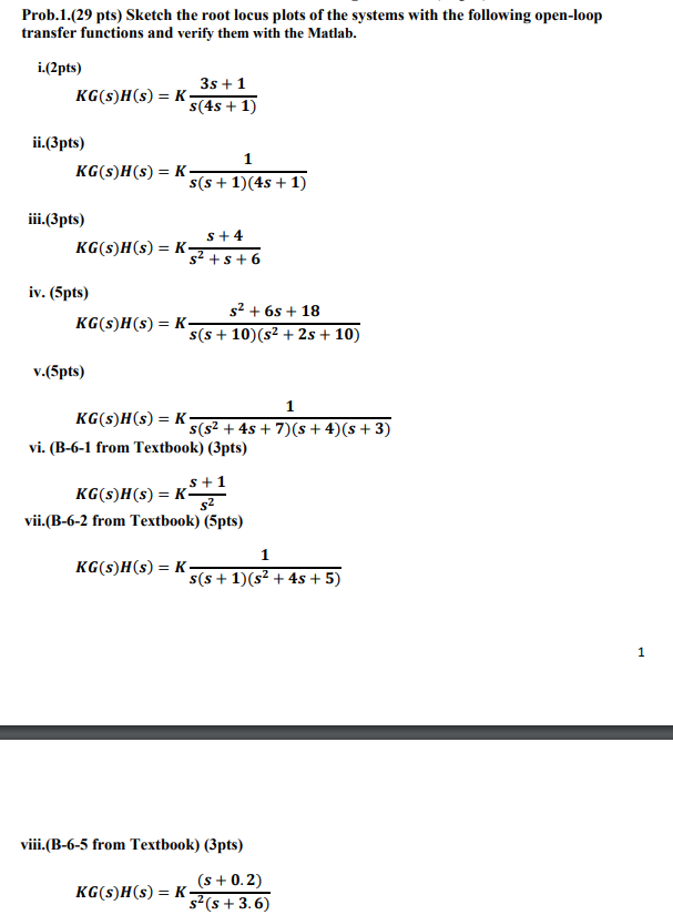 Solved Prob.1.(29 pts) Sketch the root locus plots of the | Chegg.com