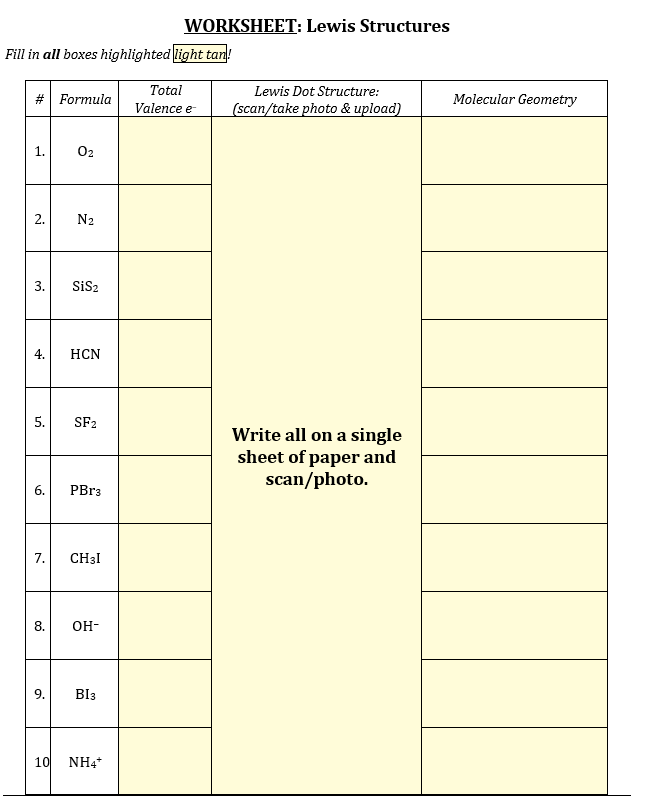 Solved WORKSHEET: Lewis Structures: Total valence e^- ﻿and | Chegg.com