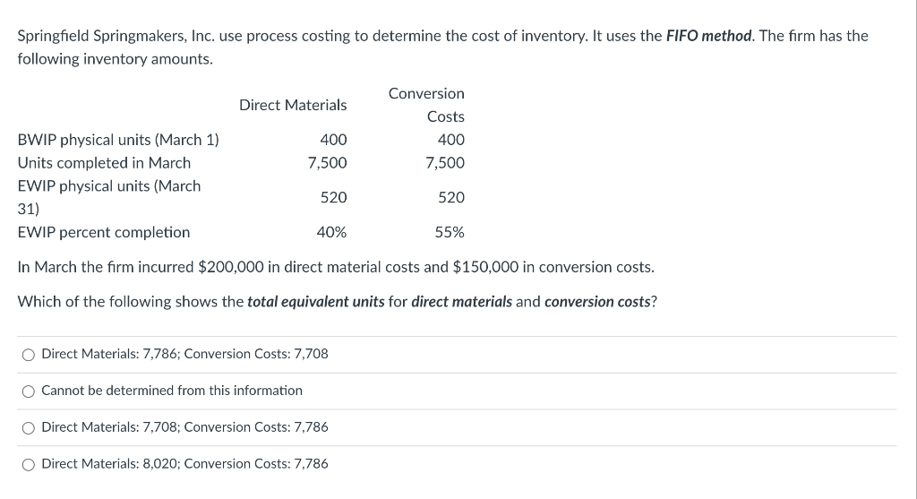 Solved Springfield Springmakers, Inc. use process costing to | Chegg.com