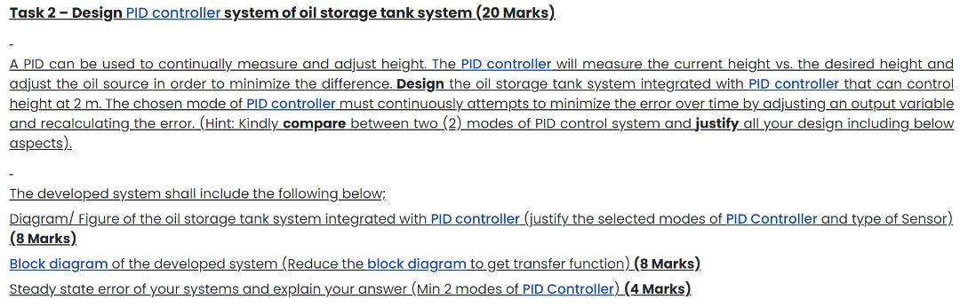 Solved Task 2 - Design PID controller system of oil storage | Chegg.com