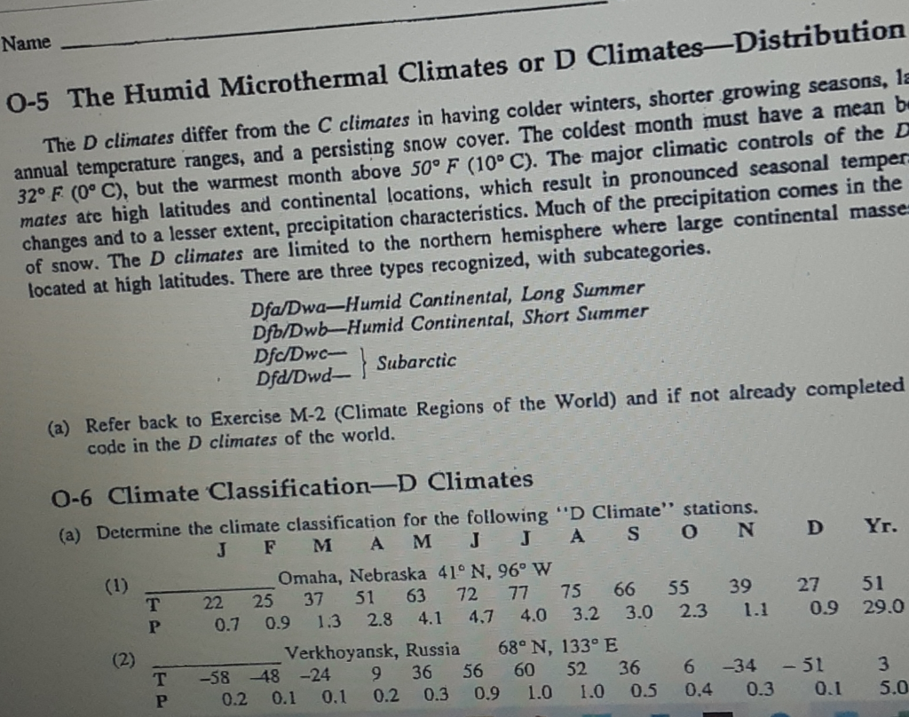 Solved Name 0-5 The Humid Microthermal Climates or D | Chegg.com